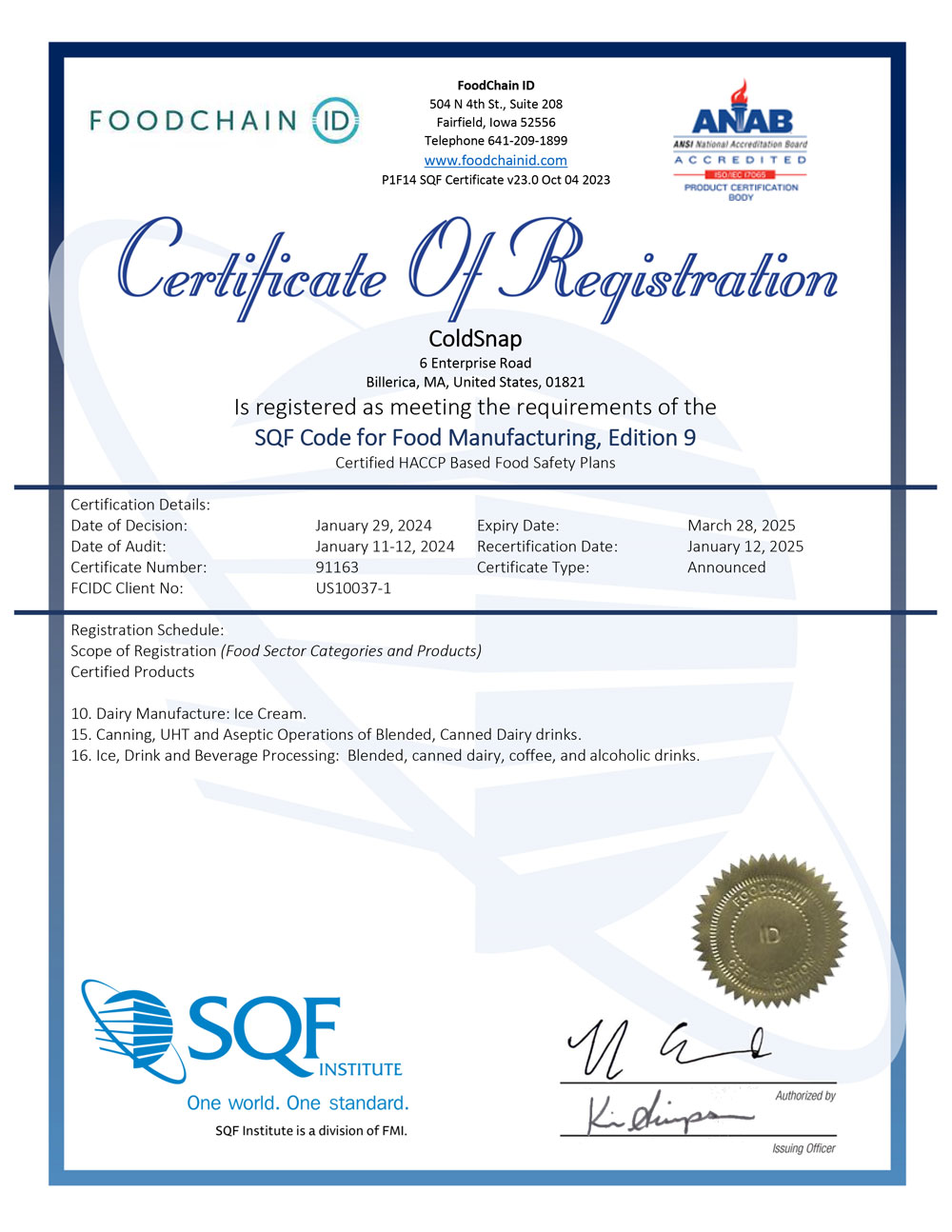 ColdSnap Obtains Industry Gold Standard SQF (Safe Quality Foods) Certification - ColdSnap®
